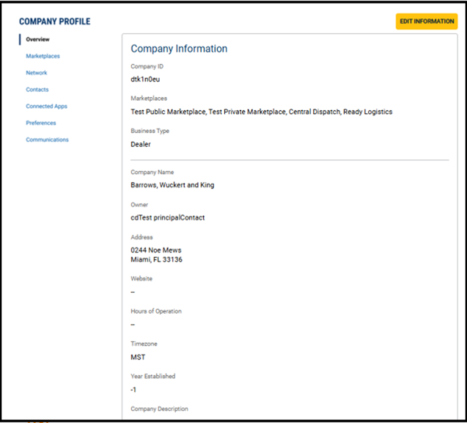 Company Profile Overview Page - Central Dispatch