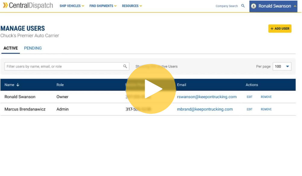 User Management Overview - Central Dispatch