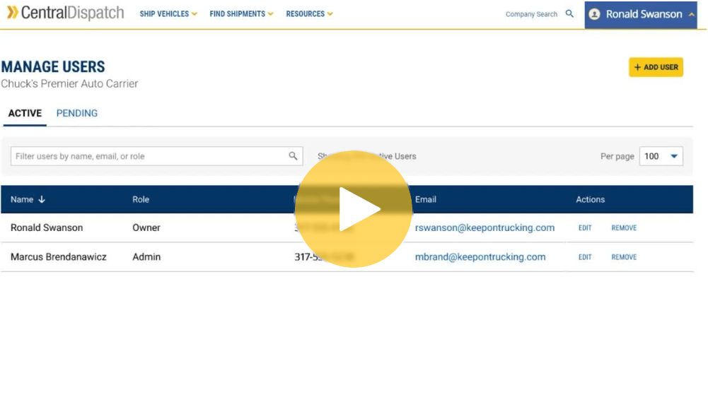 User Management Overview - Central Dispatch
